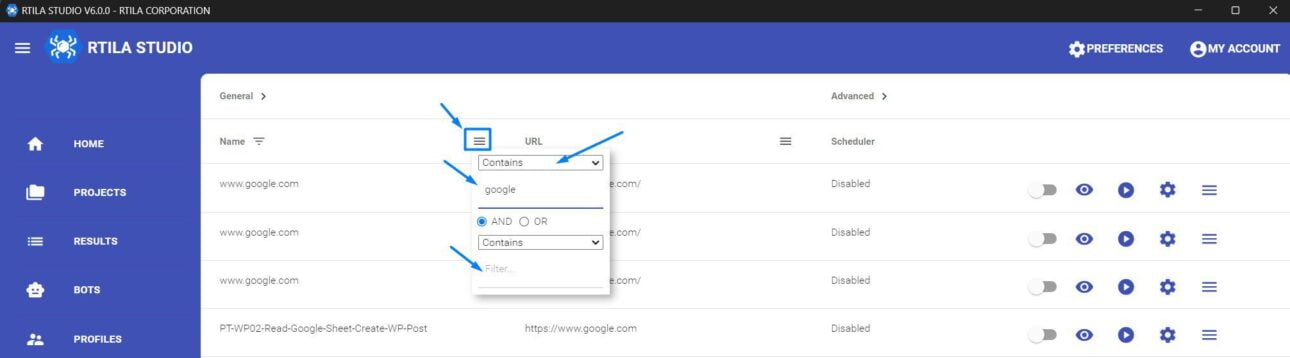 Search & Filter Projects | RTILA Web Business Automation