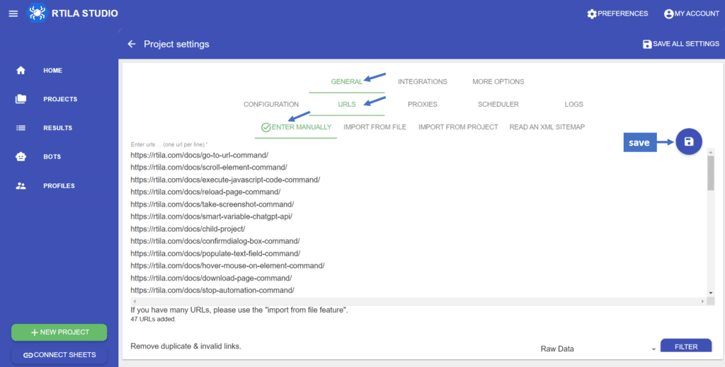 Project Settings Import Urls Manual Entry From File From Project